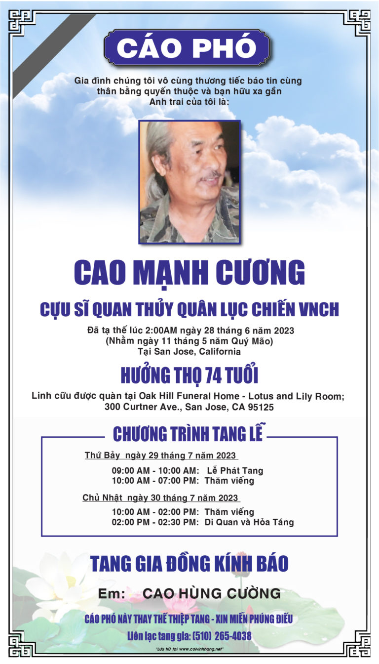 Cáo phó Cao Mạnh Cương | Cõi vĩnh hằng
