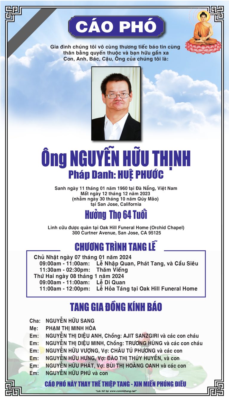 Cáo phó Nguyễn Hữu Thịnh | Cõi vĩnh hằng