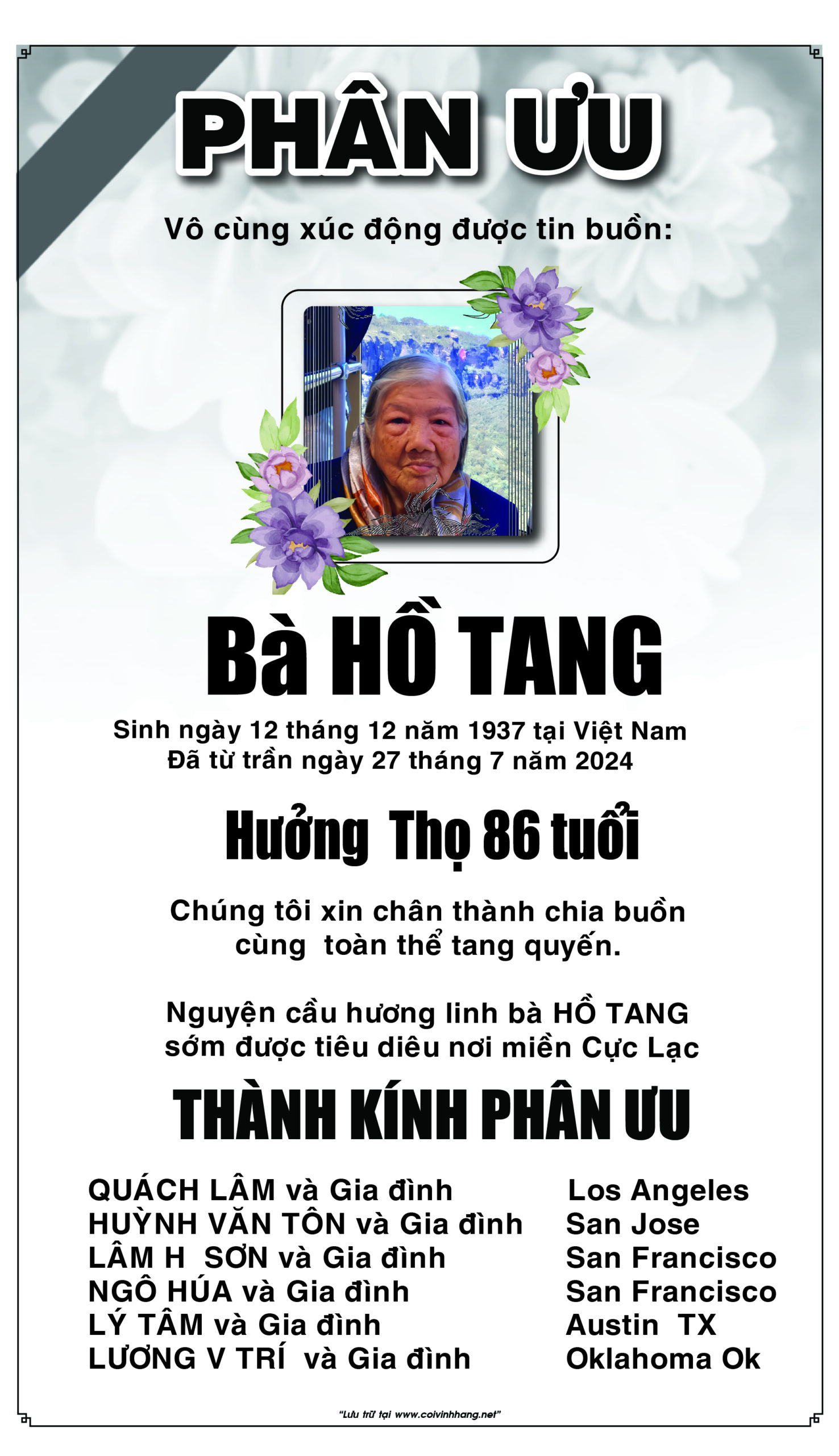 Các gia đình bạn hữu phân ưu cùng GĐ Hồ Tang | Cõi vĩnh hằng