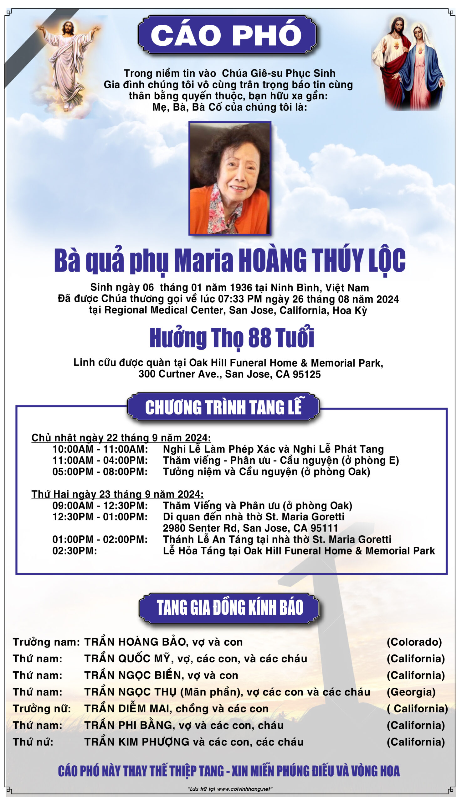 Cáo phó Hoàng Thúy Lộc | Cõi vĩnh hằng