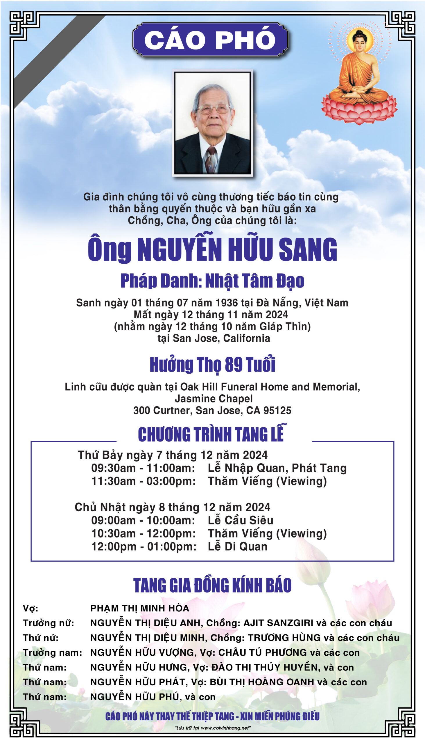 Cáo phó Nguyễn Hữu Sang | Cõi vĩnh hằng