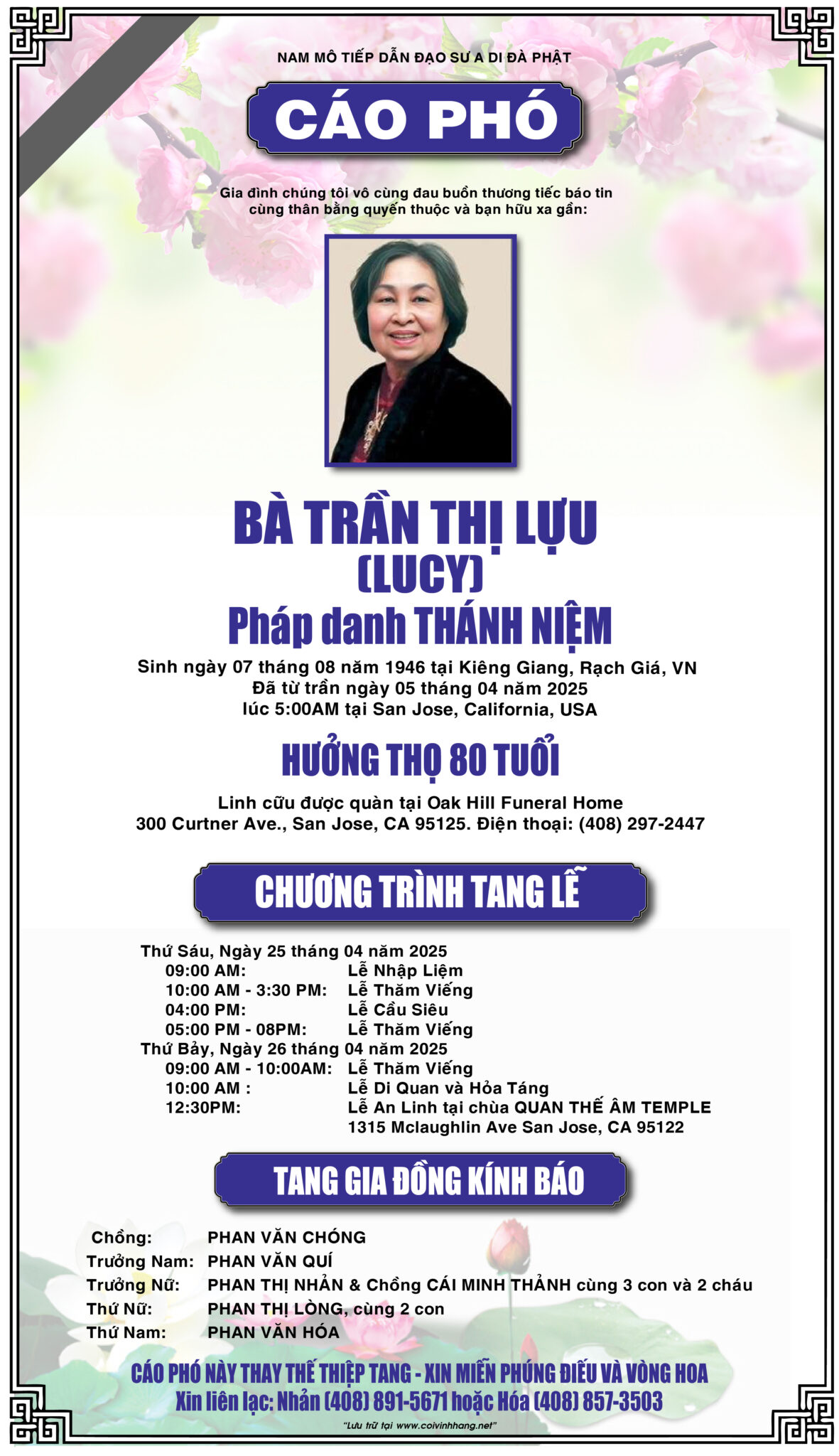 Cáo phó Trần Thị Lựu | Cõi vĩnh hằng