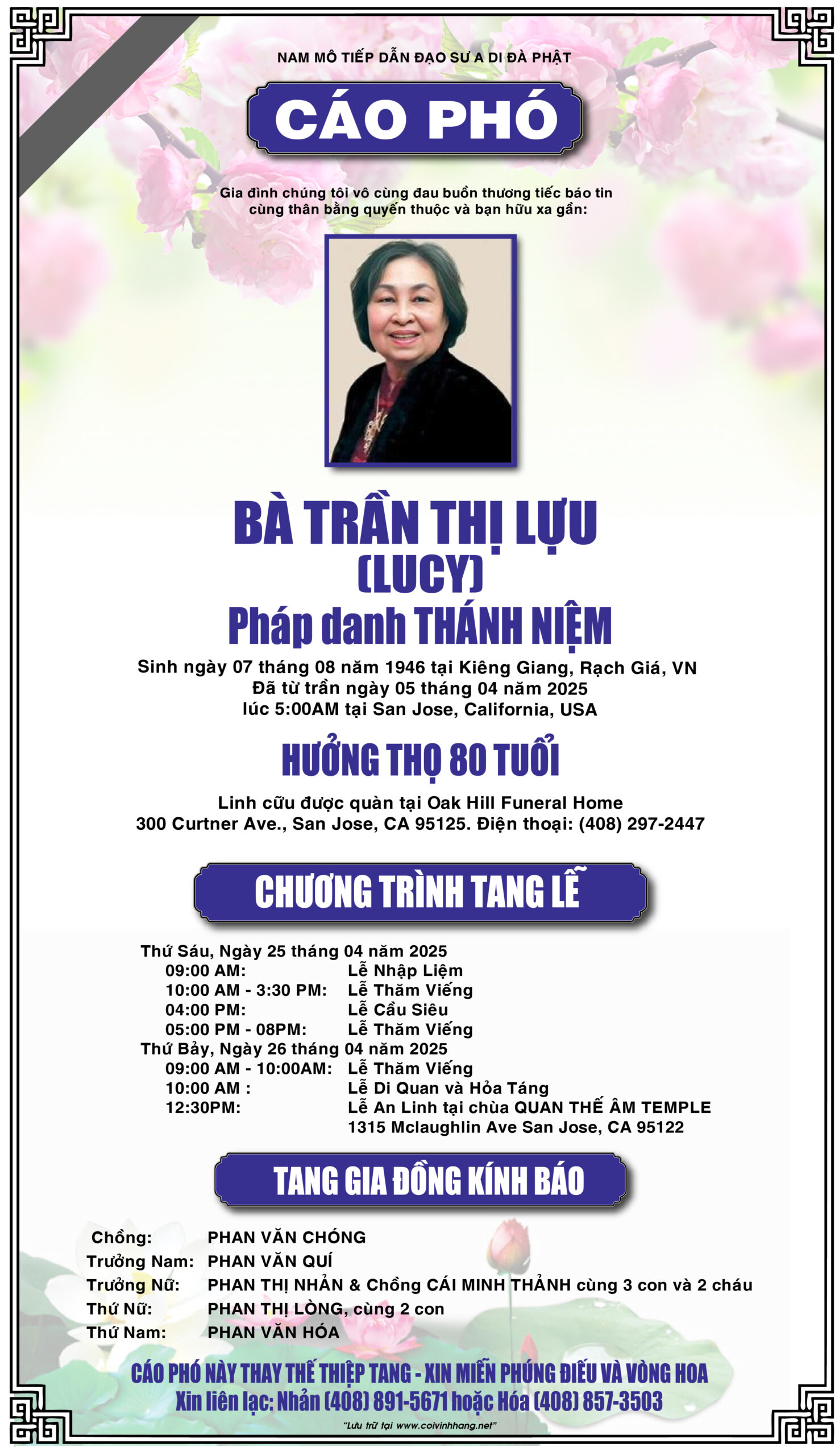 Cáo phó Trần Thị Lựu | Cõi vĩnh hằng