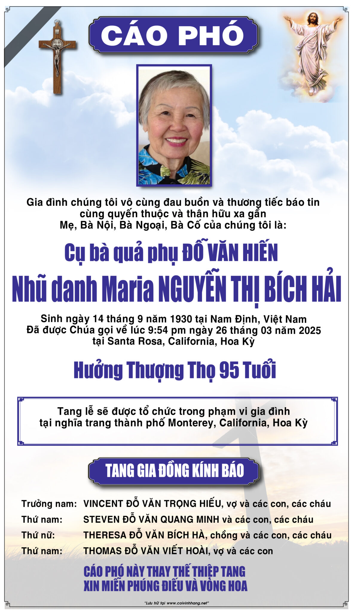 Cáo phó Nguyễn Thị Bích Hải | Cõi vĩnh hằng