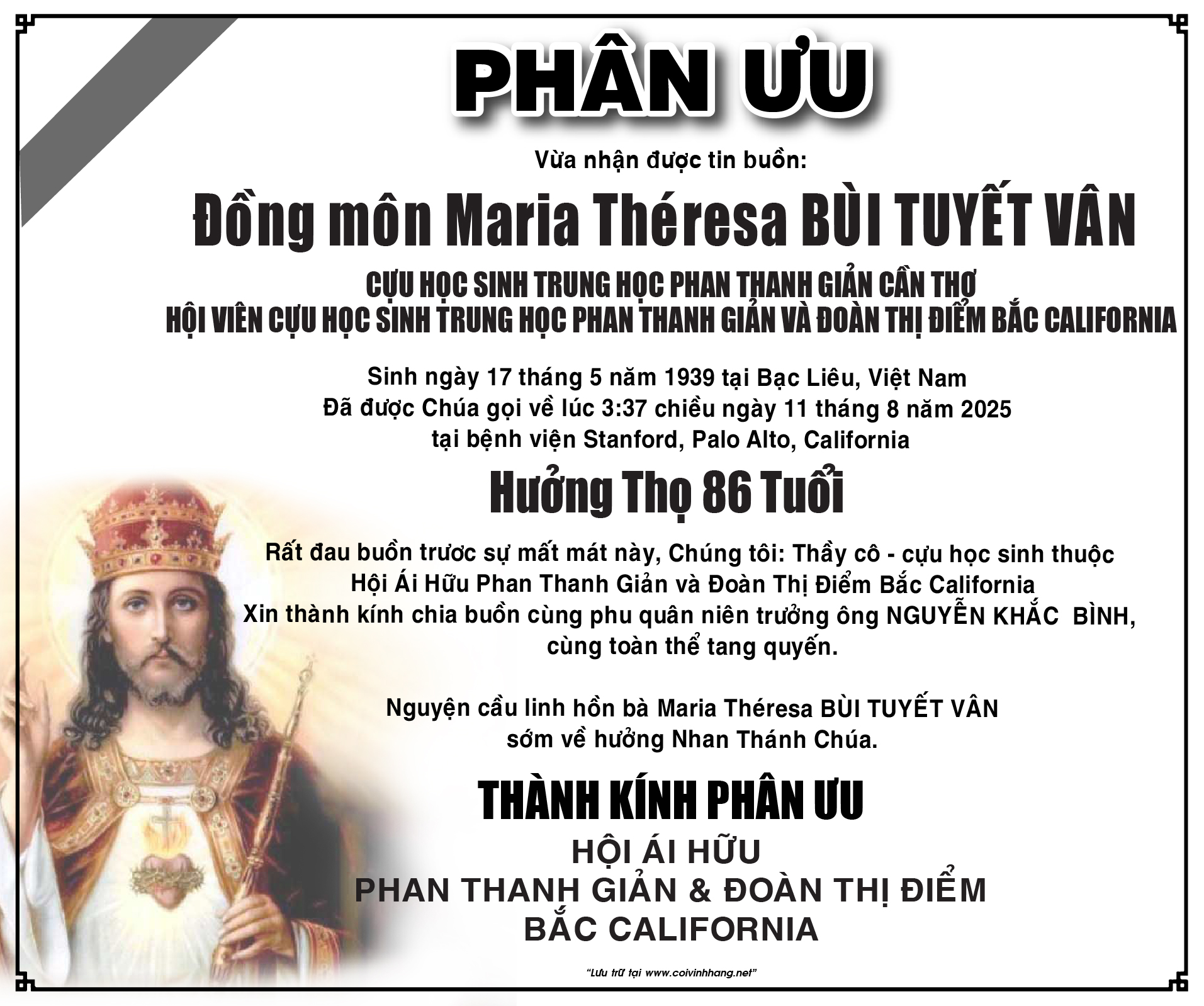 Hội ái hữu Phan Thanh Giản & Đoàn Thị Điểm Bắc CA phân ưu cùng GĐ Bùi Tuyết Vân | Cõi vĩnh hằng