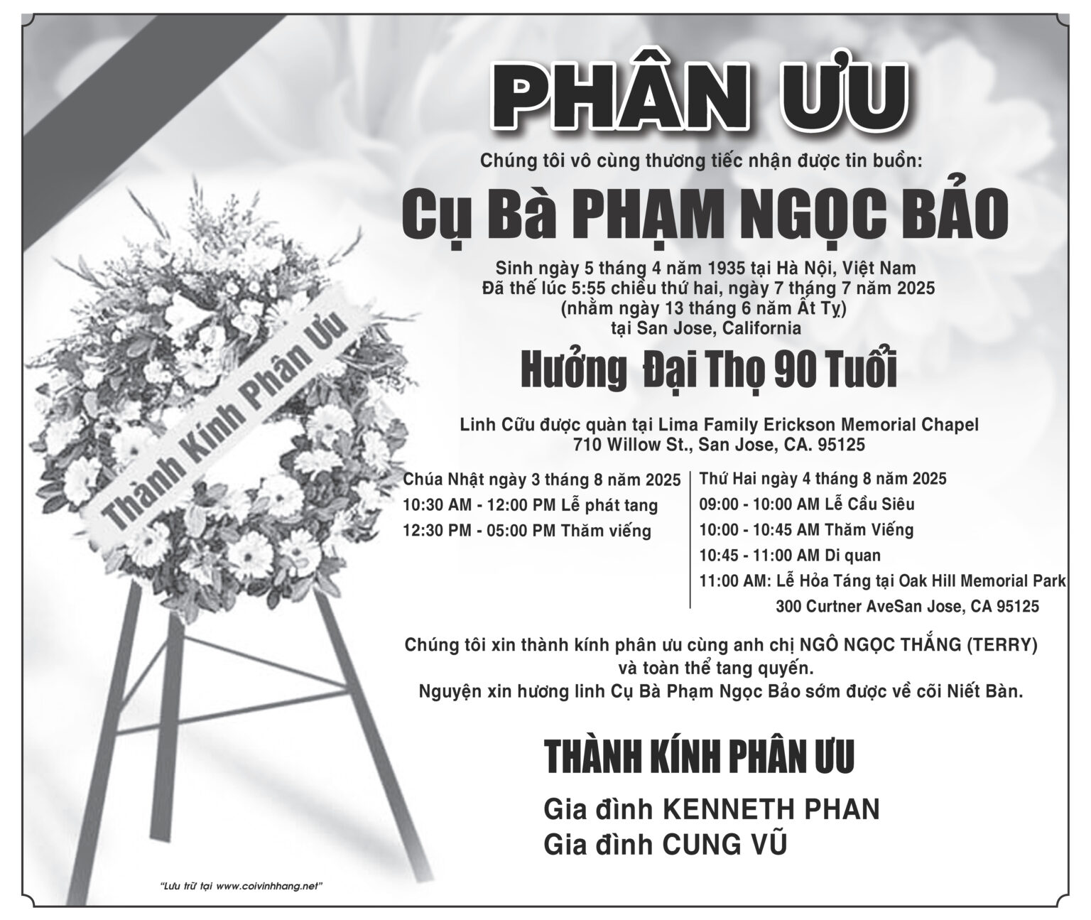 GĐ KENNETH PHAN & GĐ CUNG VŨ phân ưu cùng GĐ Phạm Ngọc Bảo | Cõi vĩnh hằng