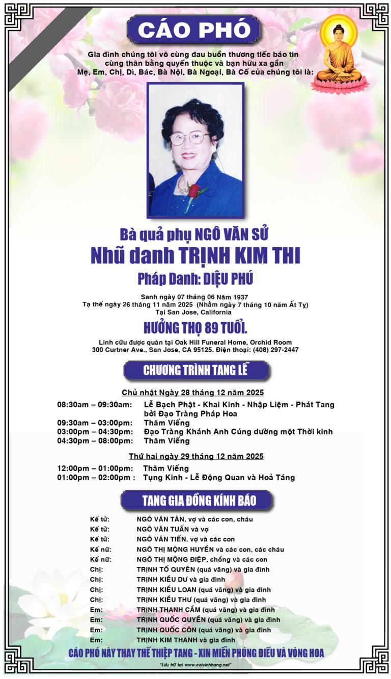 Cáo phó Trịnh Kim Thi | Cõi vĩnh hằng