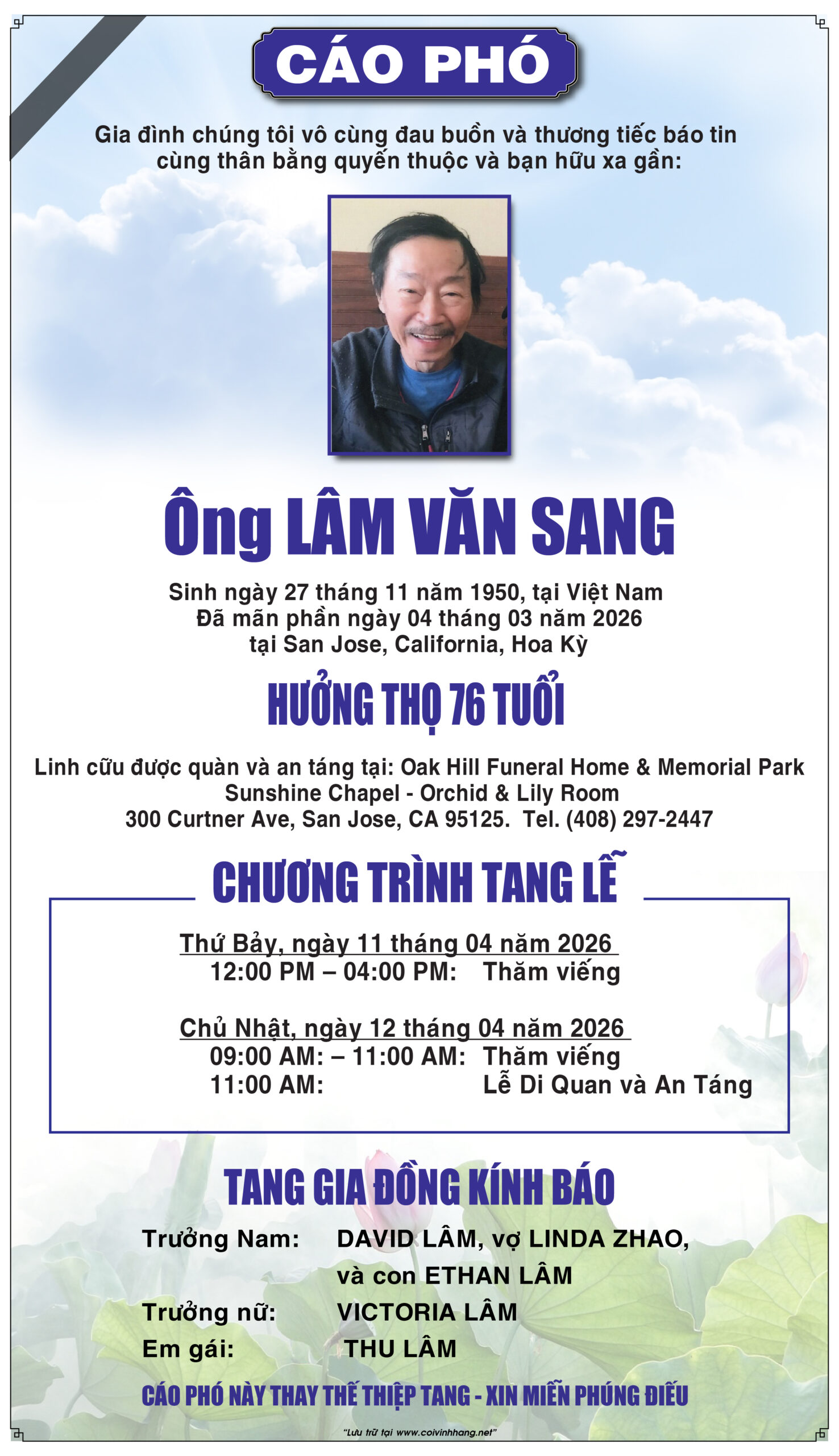 Cáo phó Lâm Văn Sang | Cõi vĩnh hằng